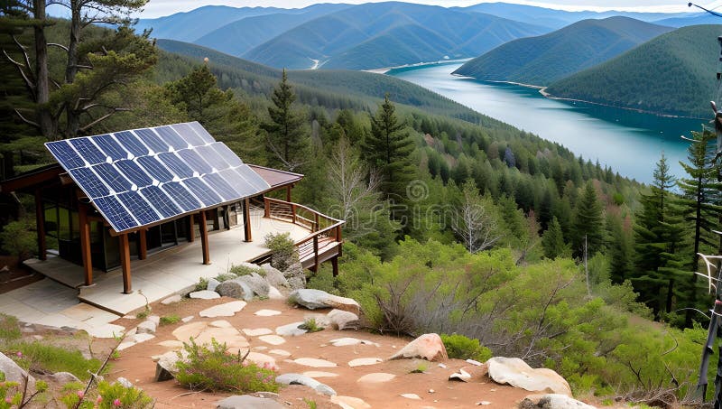 Solar Panels on a Cabin in a Forest Overlooking a Scenic Lake with ...