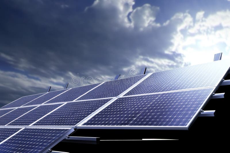 Solar Panels Capture Sunlight Against a Dramatic Sky at Midday in a ...