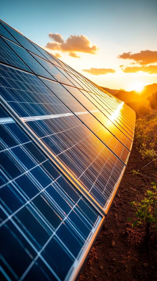 Solar Panels Capture Sunlight As the Sun Sets Over a Natural Landscape ...