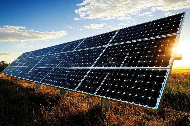Solar Panels Capture Sunlight in Field at Sunset, Renewable Energy ...