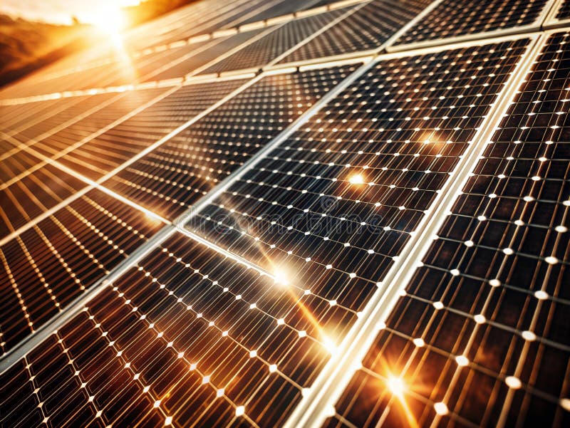 Solar Panels Capture Sunlight in an Open Field, with the Sun Creating a ...