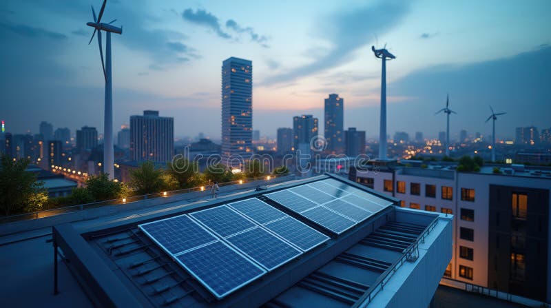 Solar Panels Capture Sunlight on a Rooftop while Wind Turbines Spin in ...
