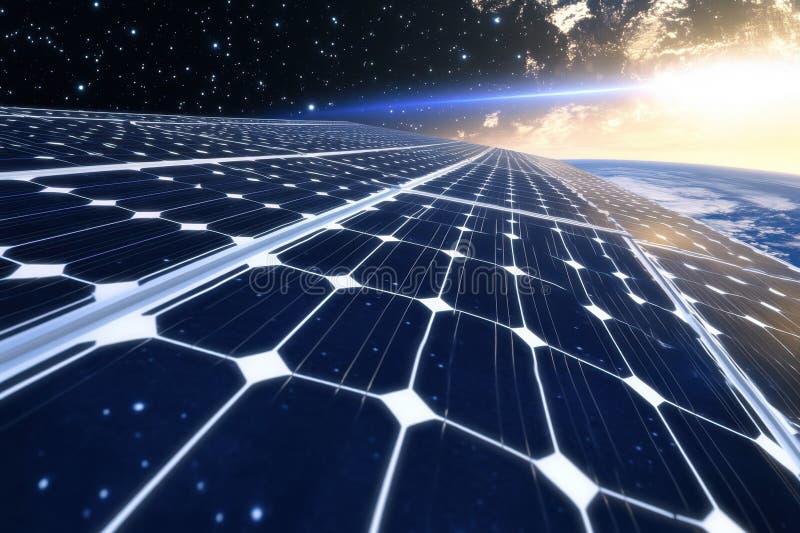 Solar Panels Capture Sunlight in Space Above Earth during Sunset Stock ...
