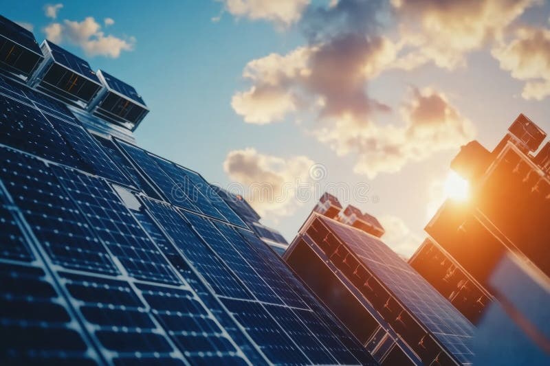 Solar Panels Capture Sunlight at Sunset in a Renewable Energy Field ...