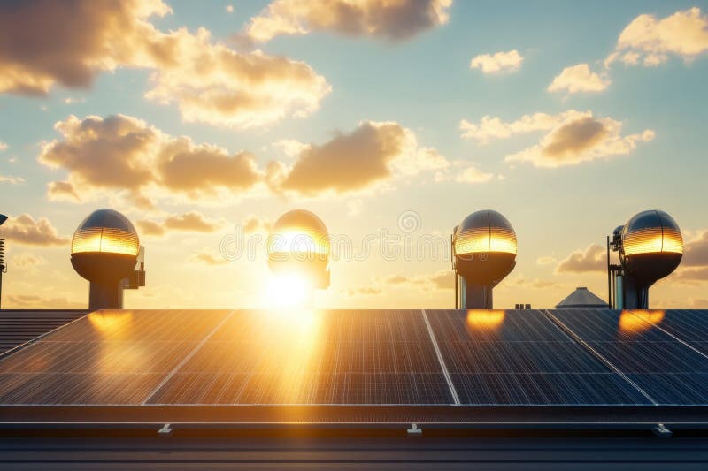 Solar Panels Capturing Sunlight with Clouds and Sunset in the ...