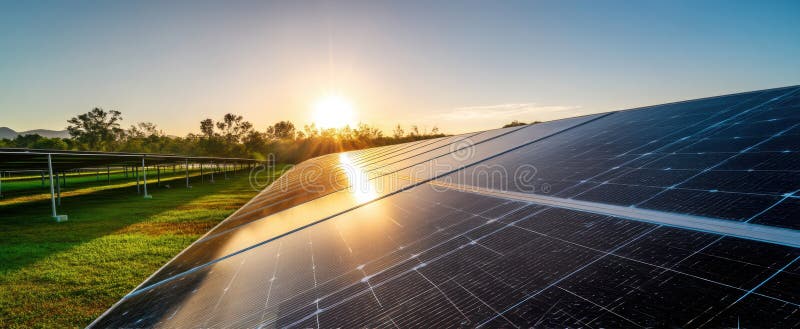 The Solar Panels Capturing Sunlight at Sunrise in a Green Landscape..AI ...