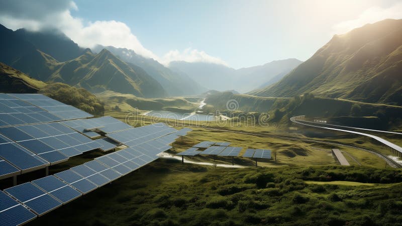 Solar Panels, Solar Cell in Solar Farm with Sun Lighting To Create the ...