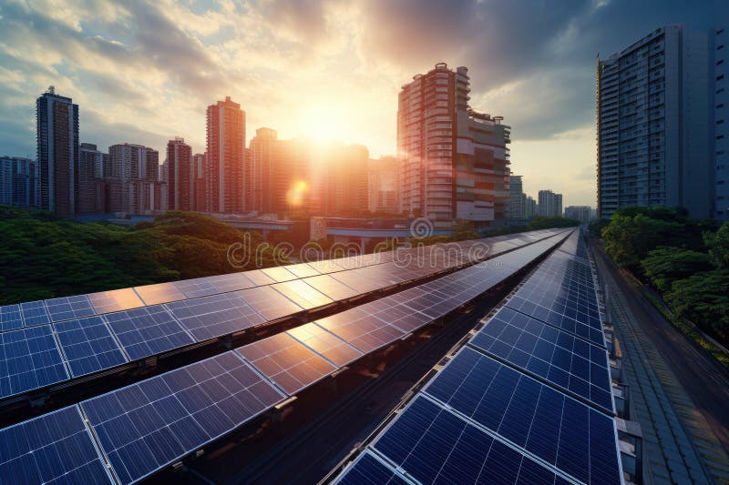 Solar panels in the city stock illustration. Illustration of ecological ...