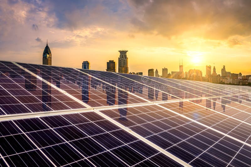 Solar Panels and City Skyline Stock Photo - Image of panel, electric ...
