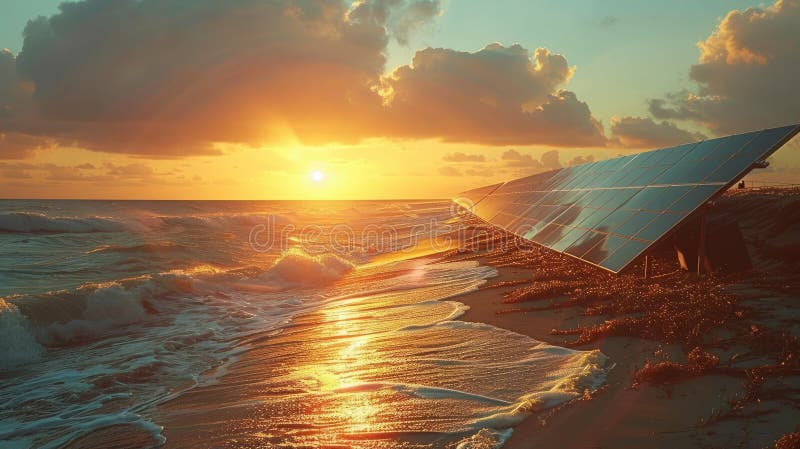 Solar Panels on Coastal Beach at Vibrant Sunset with Dramatic Sky Stock ...