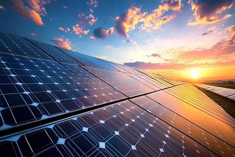 Solar Panels Converting Solar Energy into Electricity at Sunset Stock ...