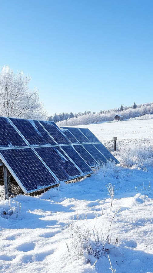 Solar Panels Covered in Frost and Broken Under a Clear Freezing Winter ...