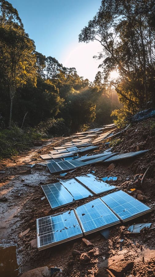 Solar Panels Cracked and Broken Under a Pile of Debris Caused by a ...