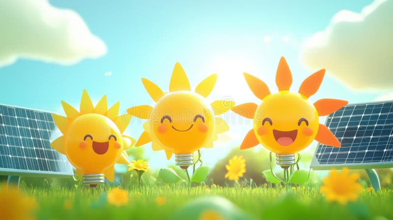 Solar Panels with Cute Smiling Sun Characters. Alternative Energy ...