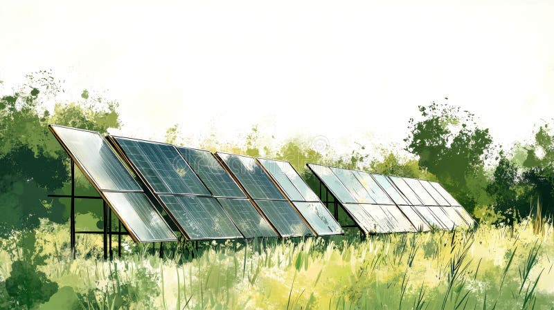 Sketch of Solar Panels Surrounded by Lush Green Grass, Illustrating a ...