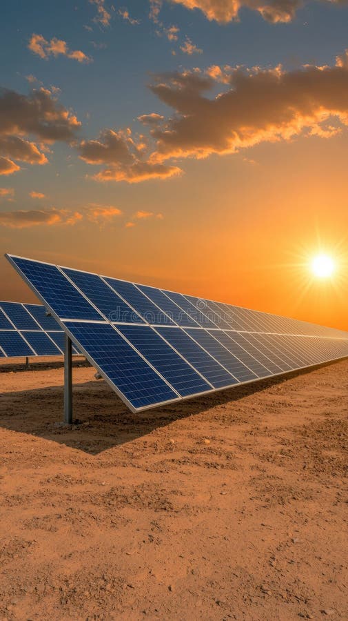 Solar Panels Desert Environment Sun Rays Vibrant Sunset Sky Stock ...