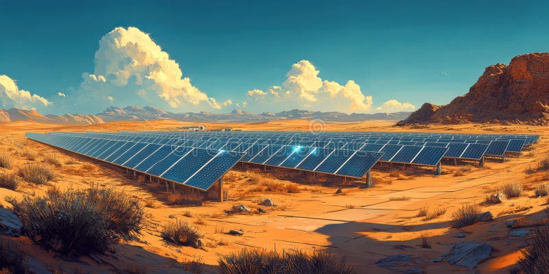 Solar Panels in Desert Landscape Under Blue Sky with Clouds Stock ...