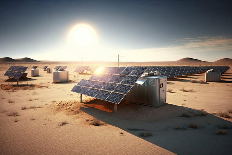 Solar Panels on Desert Site with a Big Sun on the Blue Sky Stock ...