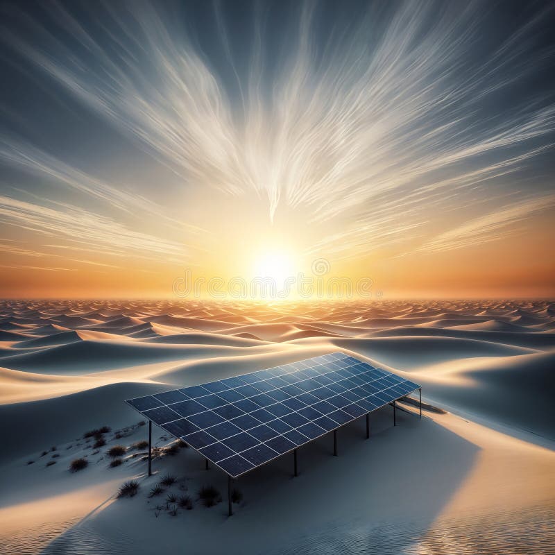 Solar Panels in the Desert at Sunset. 3d Render Illustration ...