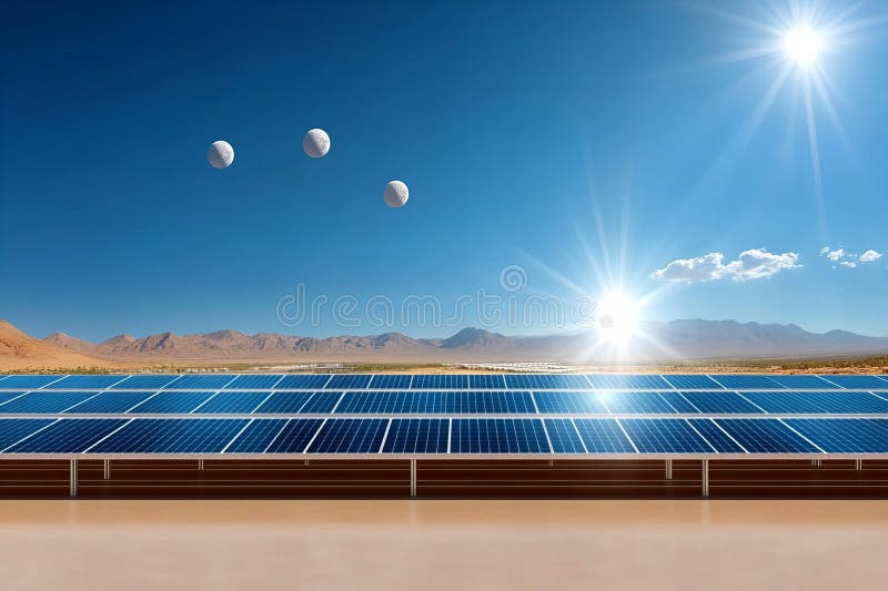 Solar Panels in Desert Under Bright Sun and Clear Blue Sky with Moons ...