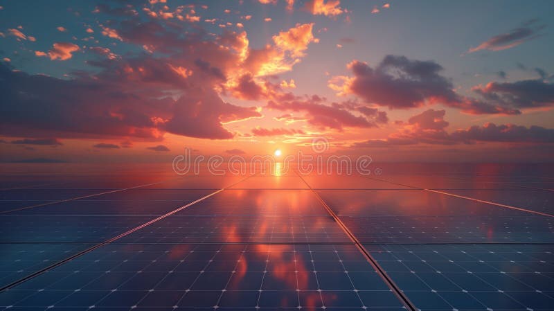 Solar Panels with Dramatic Sunset Over Ocean. Solar Energy Concept ...