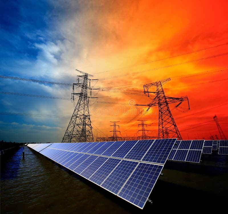 Solar Panels and Electrical Towers, Power Equipment Stock Image - Image ...