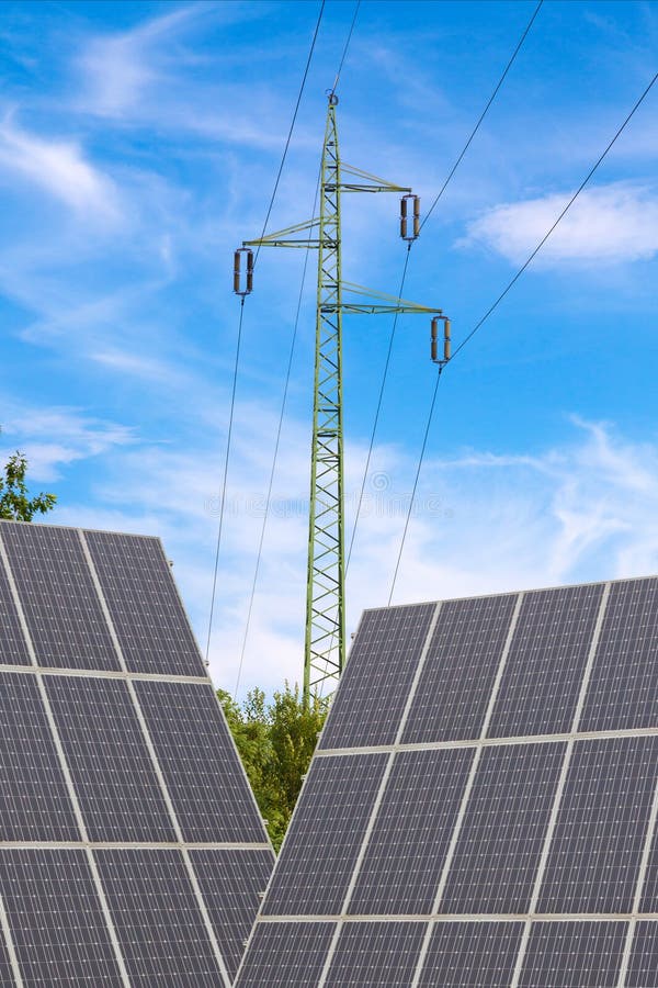 Solar Panels with Electricity Pylon Stock Image - Image of alternativ ...
