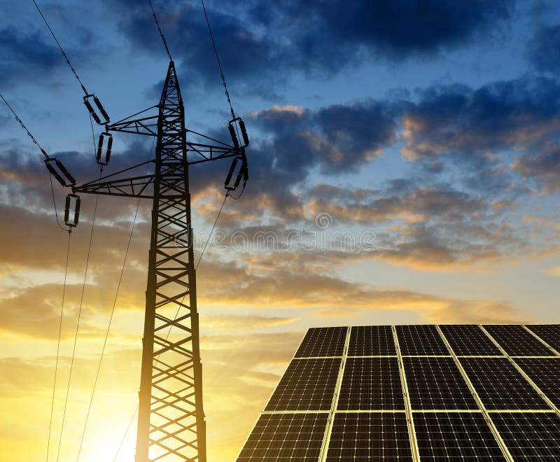 Solar Panels with Electricity Pylon at Sunset. Stock Photo - Image of ...