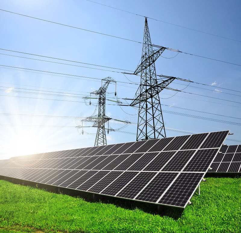 Solar Panels with Electricity Pylons. Stock Image - Image of ecology ...