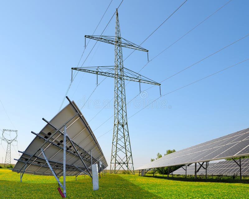 Solar Panels with Electricity Pylons. Stock Photo - Image of energetic ...