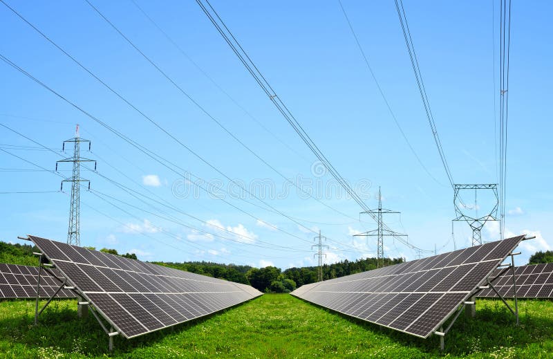 Solar Panels with Electricity Pylons. Stock Photo - Image of landscape ...