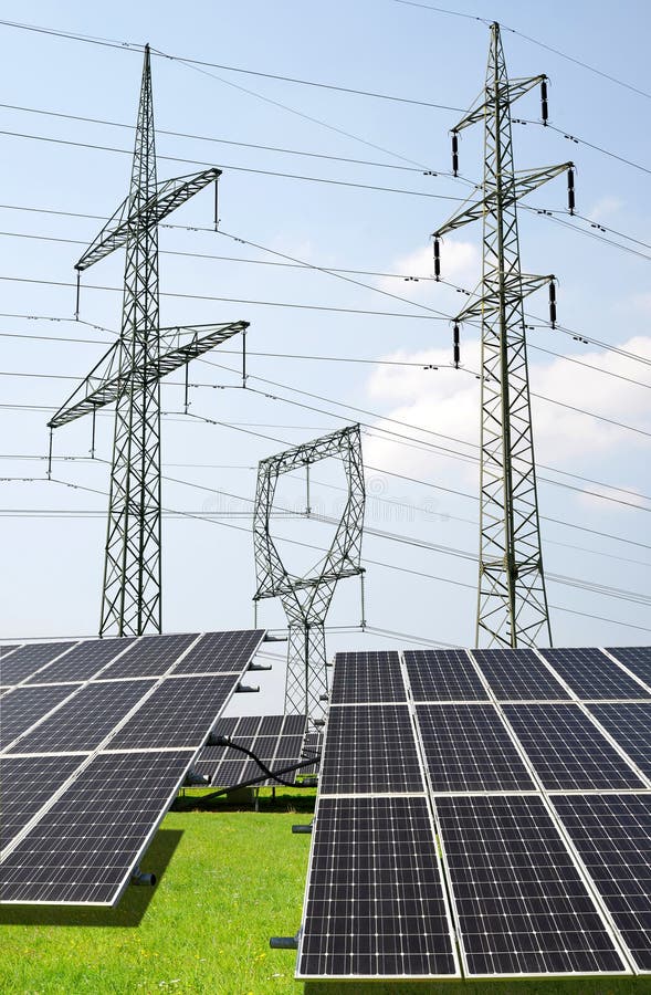 Solar Panels with Electricity Pylons. Stock Photo - Image of energetic ...