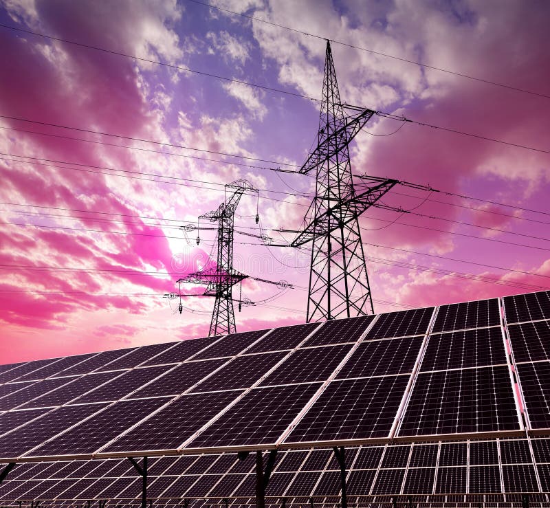 Solar Panels with Electricity Pylons at Sunset. Stock Image - Image of ...