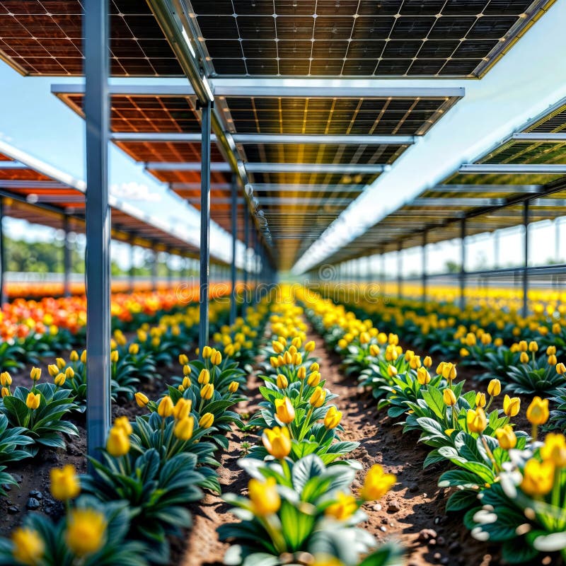 Solar Panels and Tulips in Harmony, Generative Ai Stock Illustration ...