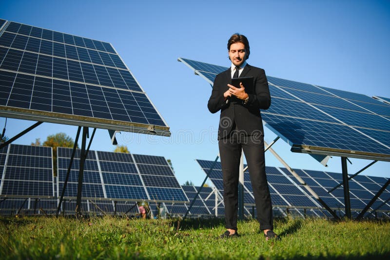Solar Panels. Engineer Man on Solar Power Station Stock Image - Image ...