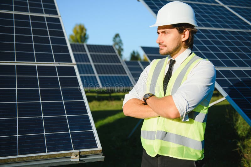 Solar Panels. Engineer Man on Solar Power Station Stock Image - Image ...