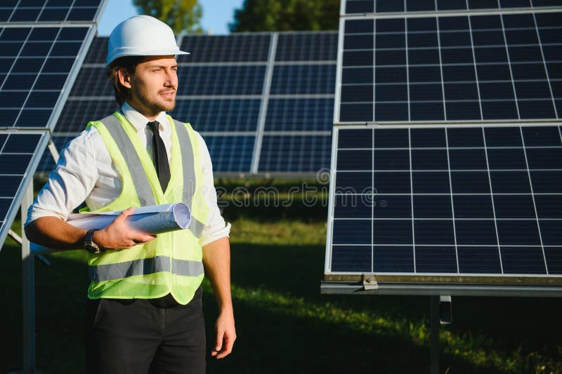 Solar Panels. Engineer Man on Solar Power Station Stock Image - Image ...