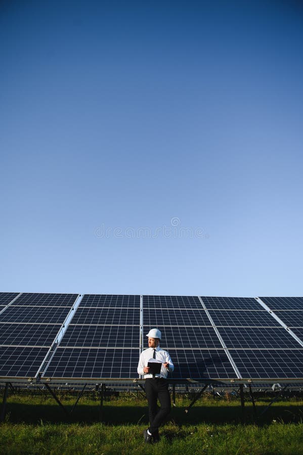 Solar Panels. Engineer Man on Solar Power Station Stock Photo - Image ...
