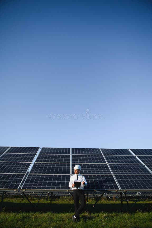 Solar Panels. Engineer Man on Solar Power Station Stock Photo - Image ...