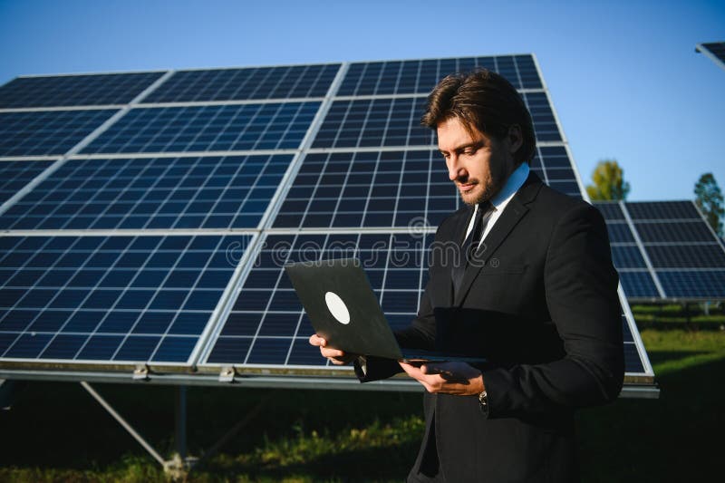 Solar Panels. Engineer Man on Solar Power Station Stock Image - Image ...
