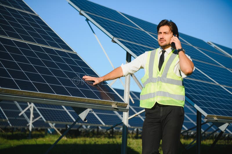 Solar Panels. Engineer Man on Solar Power Station Stock Image - Image ...