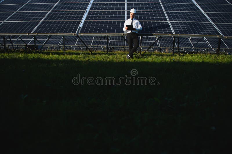 Solar Panels. Engineer Man on Solar Power Station Stock Image - Image ...