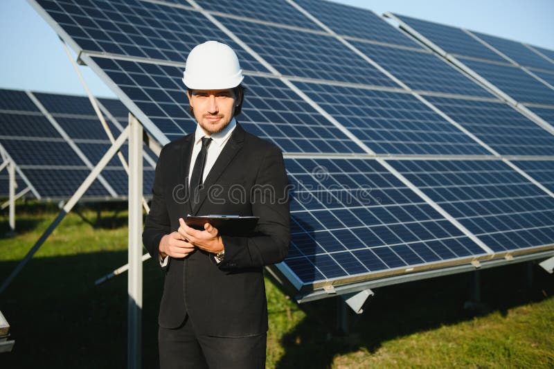 Solar Panels. Engineer Man on Solar Power Station Stock Image - Image ...
