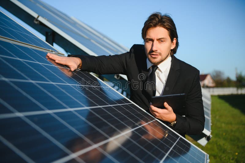 Solar Panels. Engineer Man on Solar Power Station Stock Image - Image ...