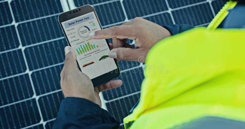 Solar Panels, Engineering Hands and Phone Screen for Data Analysis of ...