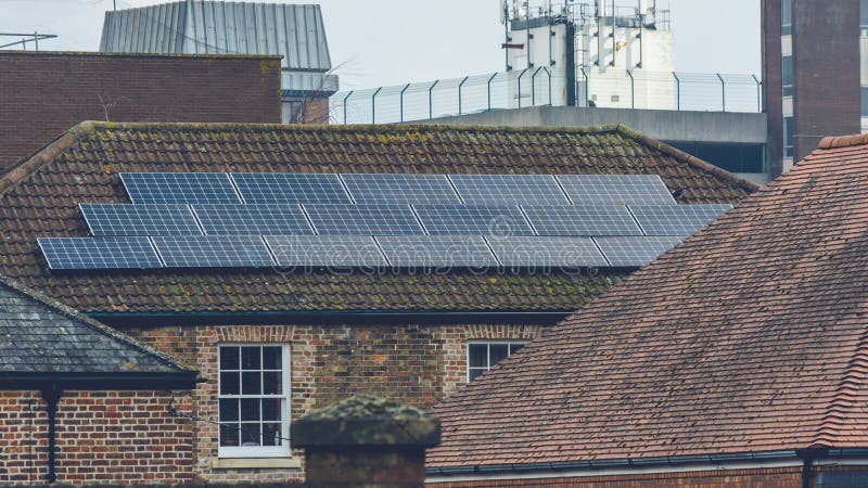 Solar Panels on English Rooftops Stock Photo - Image of blur, depth ...