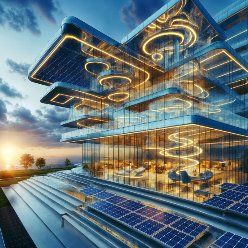 Solar Panels on the Facade of a Modern Office Building. 3D Rendering ...