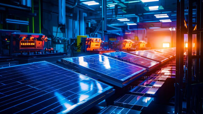 Solar Panels in Factory with Bright Lights. Generative AI Stock ...
