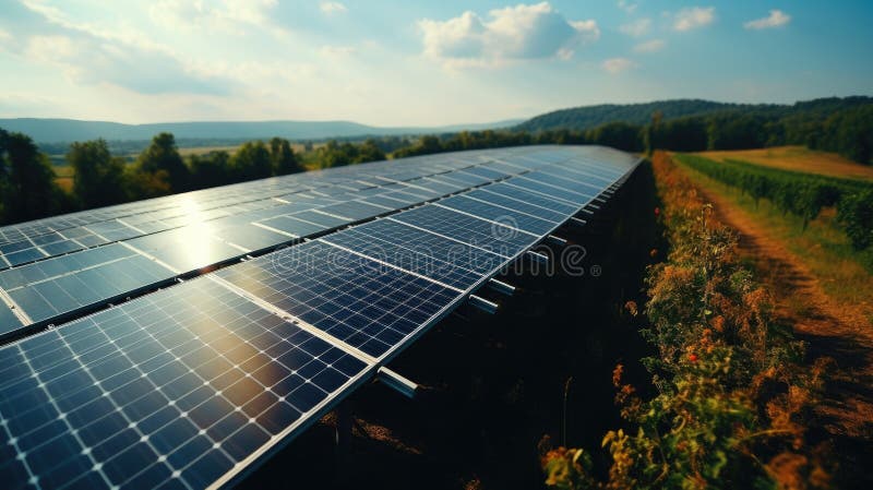 Solar Panels in Solar Farm with Sun Lighting To Create the Clean ...