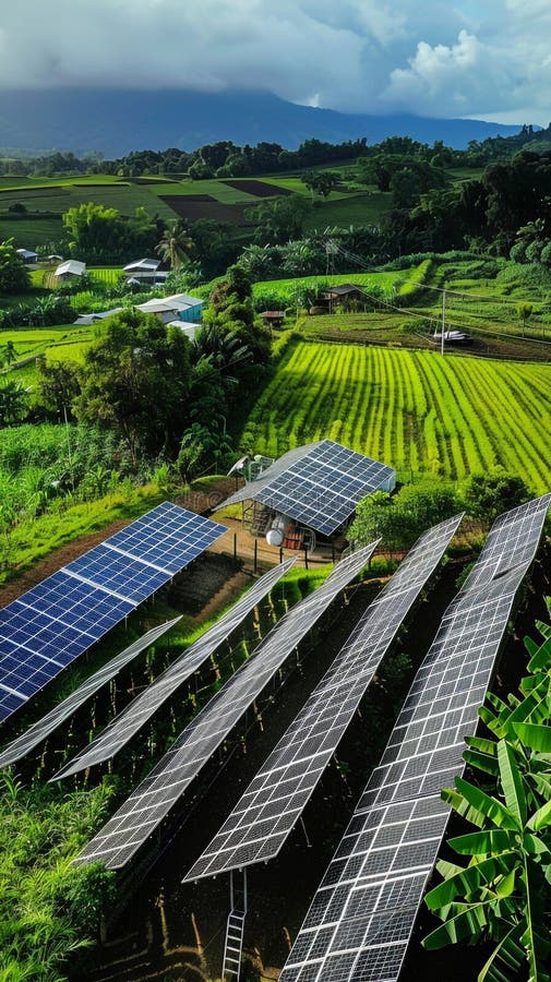 Solar Panels on a Farm, Surrounded by Lush Green Fields Stock ...